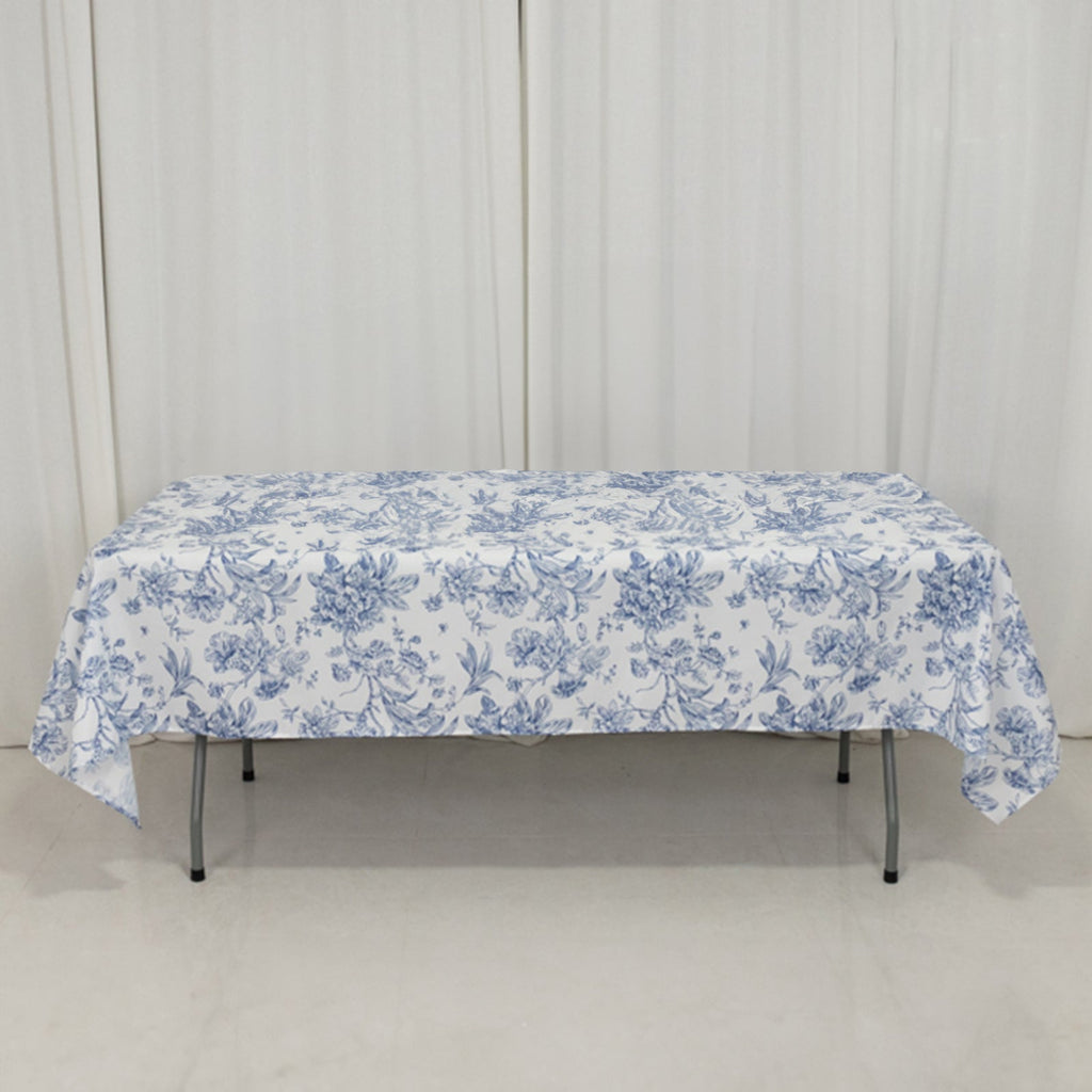 60x102 Blue Toile Polyester Tablecloth | Tableclothsfactory