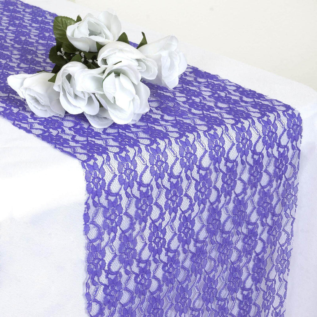 Floral Lace Table Runner 12"x108" Royal Blue | TableclothsFactory
