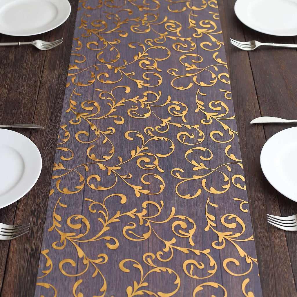 Organza Table Runner 12"x108" Gold Floral Design | TableclothsFactory