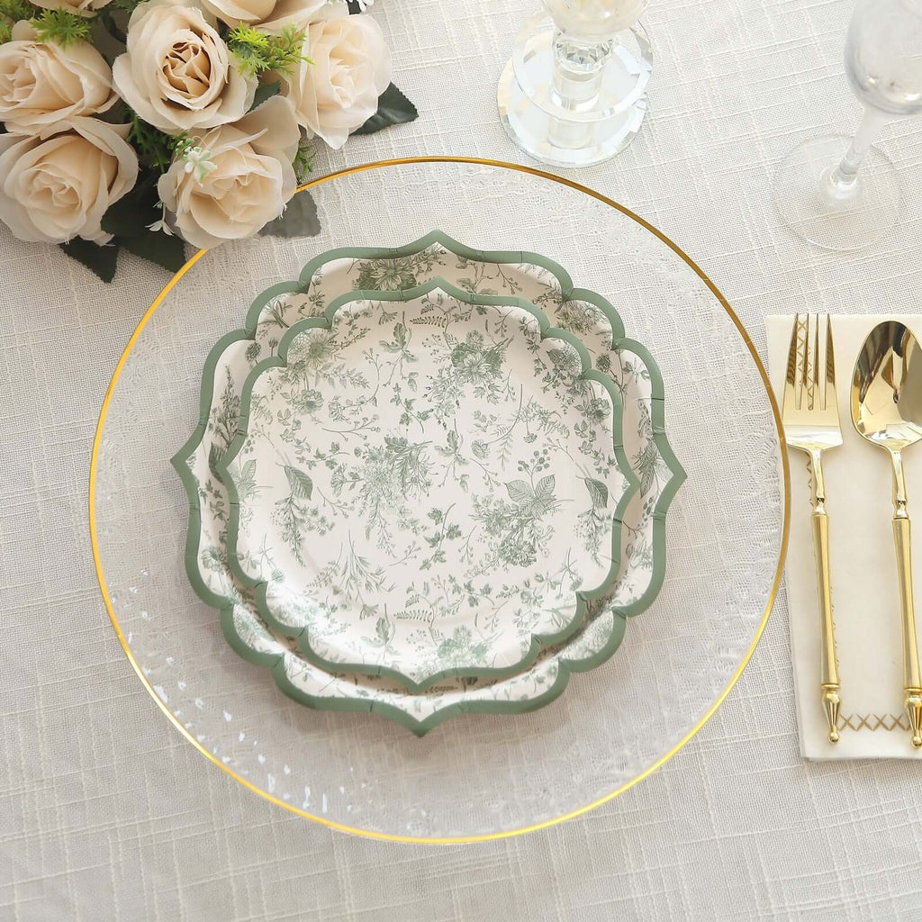 French Toile Paper 8" Salad Plates White/Sage Green | TableclothsFactory