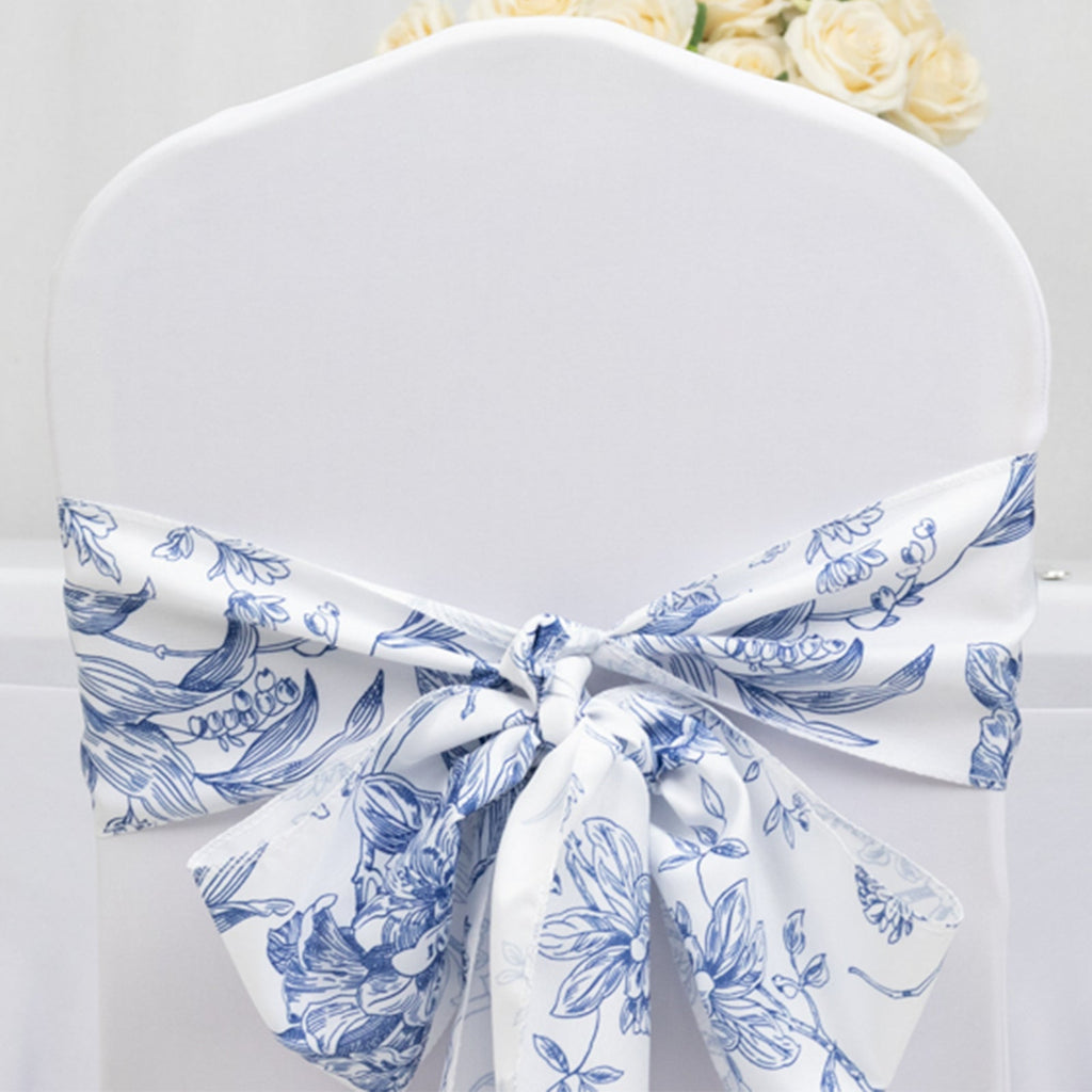 French Toile Chair Sashes 6"x108" White/Blue | TableclothsFactory