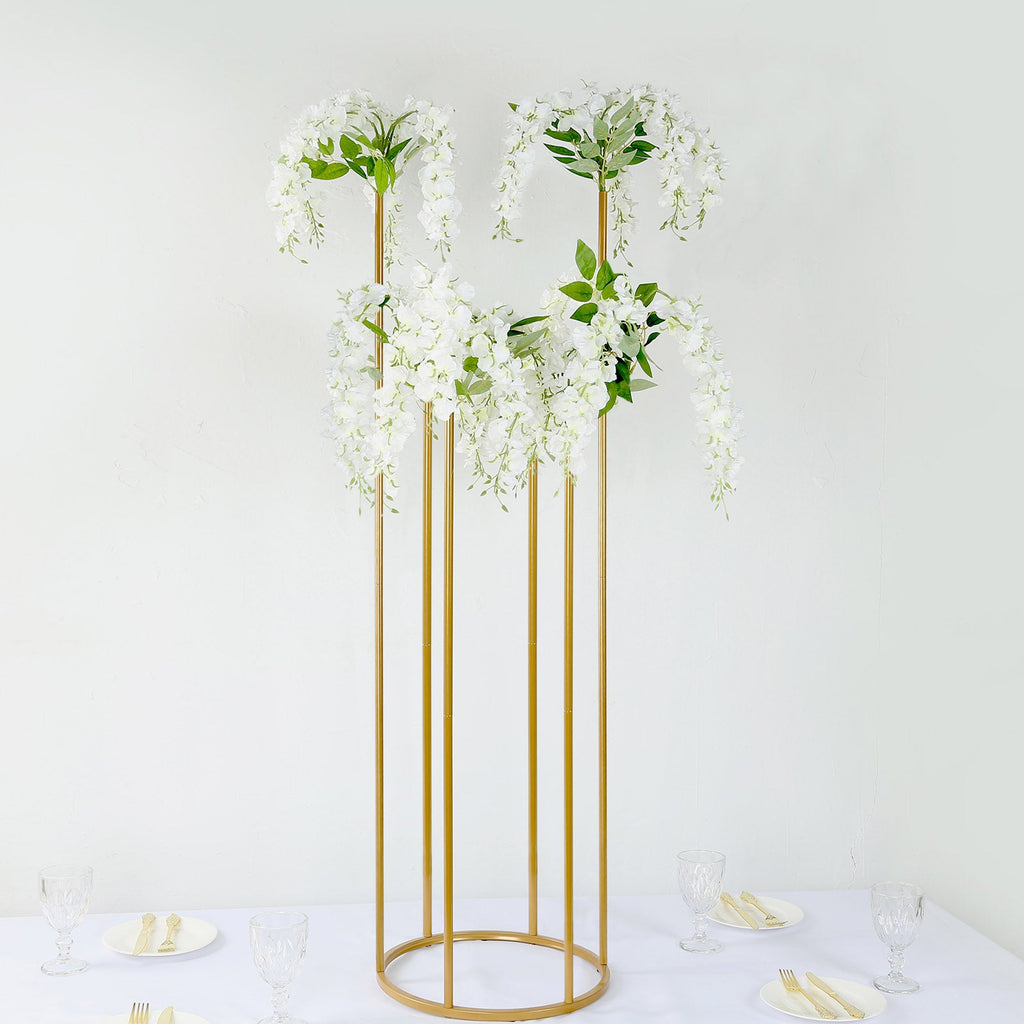 6-Tubes Round Base Metal Vase Gold 4ft | TableclothsFactory