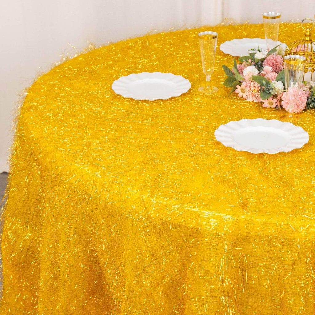 Metallic Fringe Shag Tablecloth 120" Gold | TableclothsFactory
