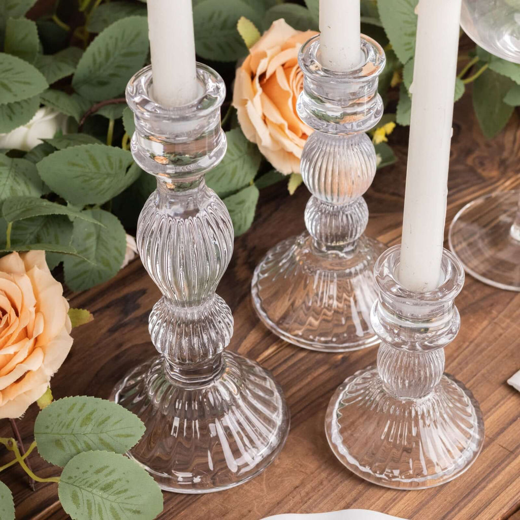 Fluted Glass Taper Candle Holders Clear 4", 6", 8" | TableclothsFactory