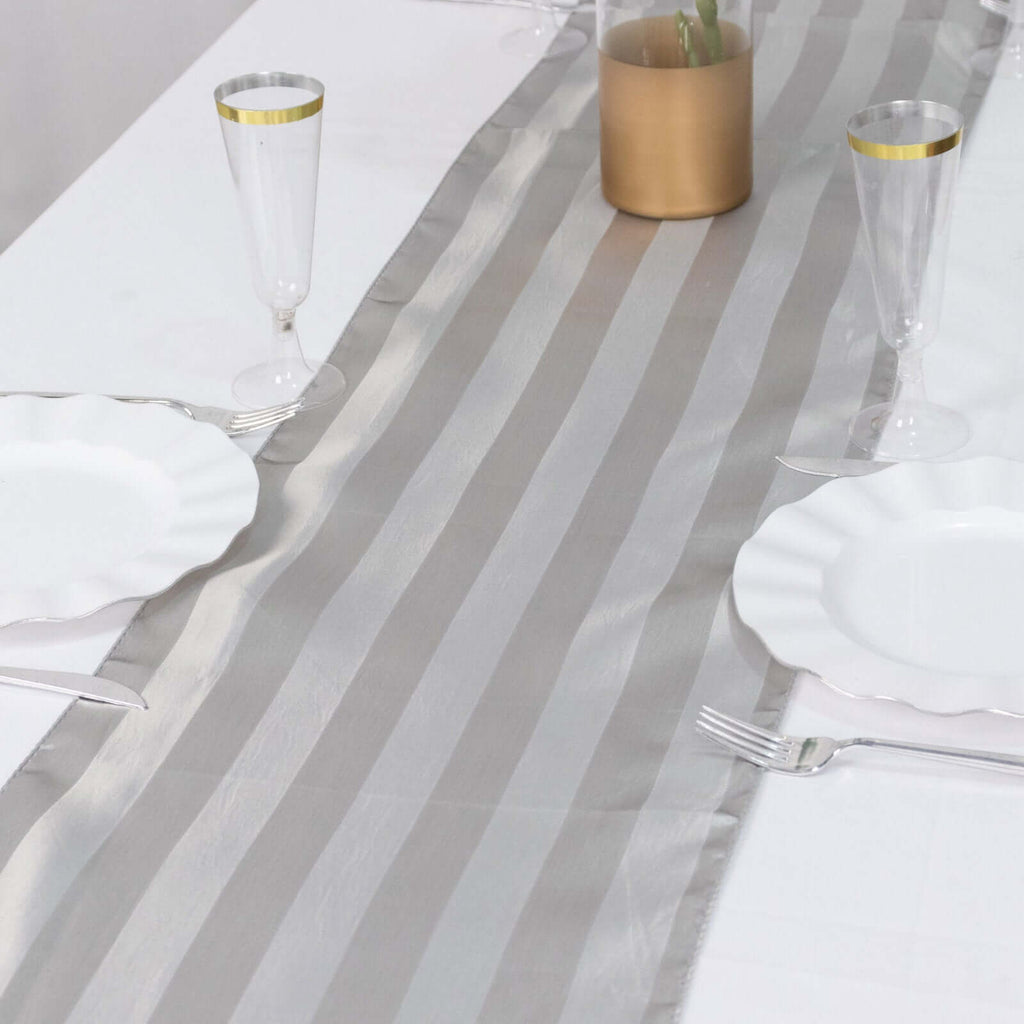 Satin Stripe Table Runner 12"x108" Silver | TableclothsFactory