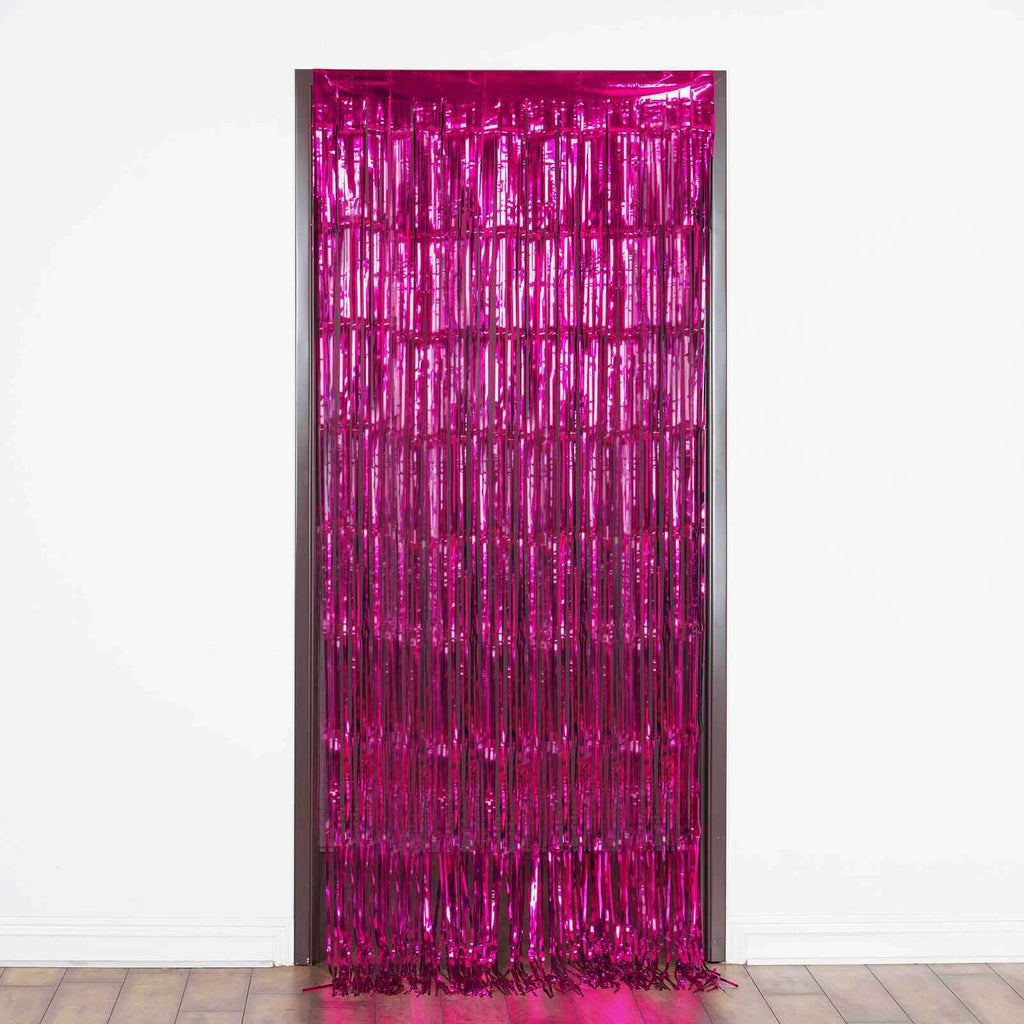 Fuchsia Metallic Tinsel Foil Fringe Curtain | TableclothsFactory