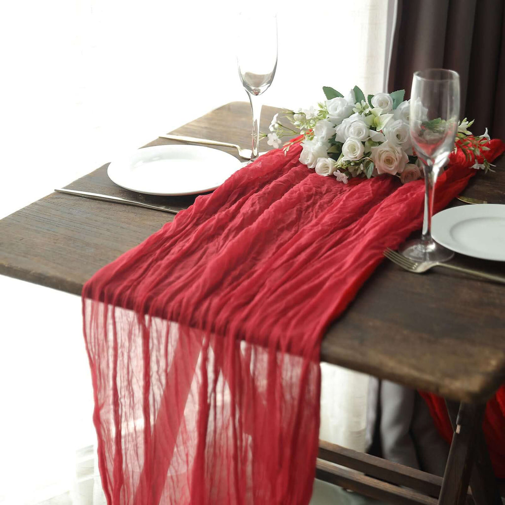 Cheesecloth Boho Table Runner 10ft Red | TableclothsFactory
