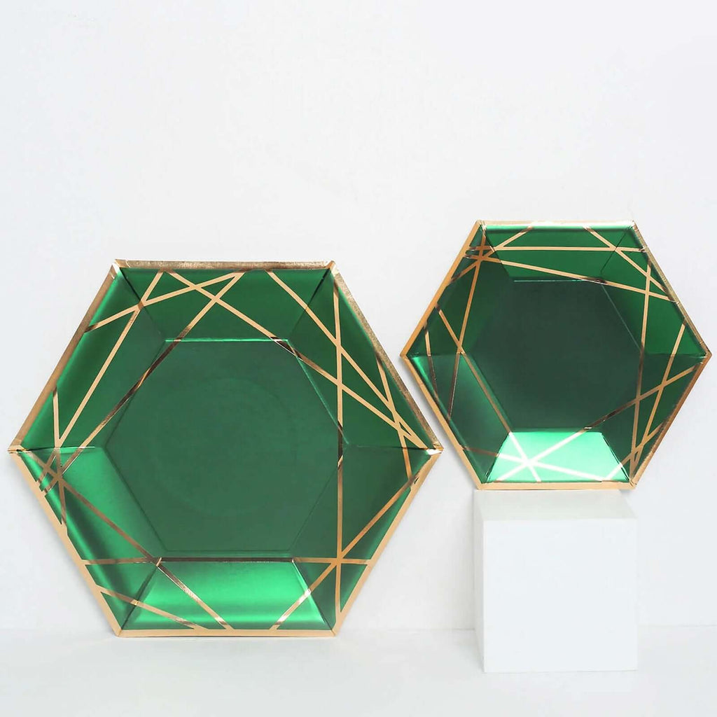 Paper 7" Hexagon Salad Plates Emerald Green/Gold | TableclothsFactory