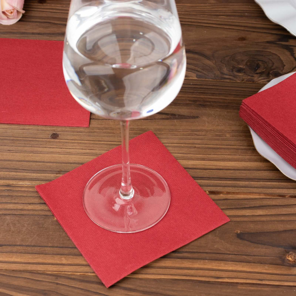 Linen-Like Paper Cocktail Napkins 5"x5" Burgundy | TableclothsFactory