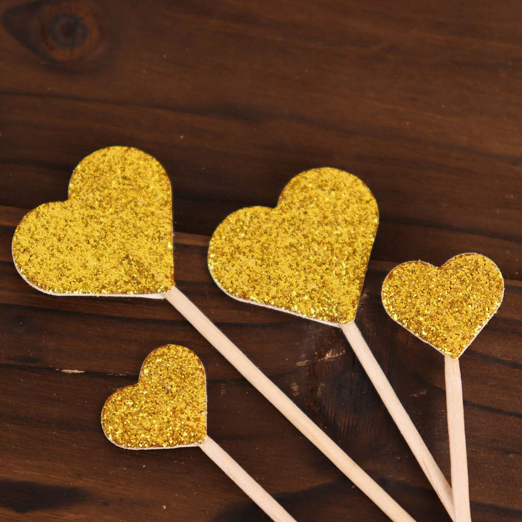 Cupcake Topper Picks Heart Shaped 4.5", 4" Gold | TableclothsFactory