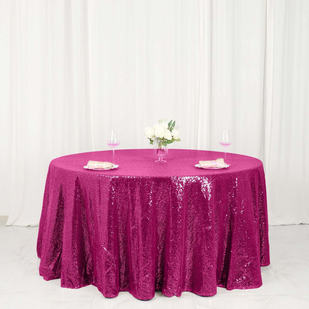 Sequin Tablecloth 120" Fuchsia | TableclothsFactory