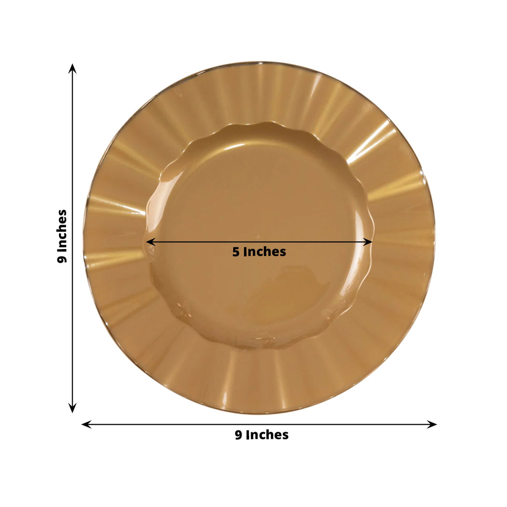 Ruffled Rim Plastic 9" Dinner Plates Gold | TableclothsFactory