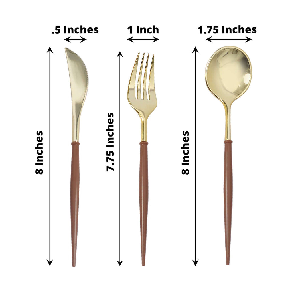 Plastic Flatware Set 8" Metallic Gold with Brown Handle ...