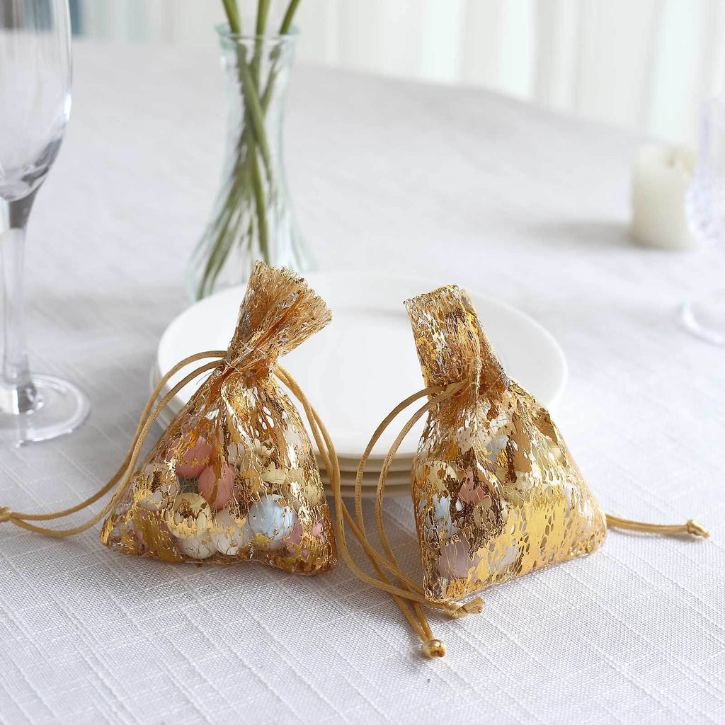 Gold Foil Drawstring Candy Bags - 12 Pack | TableclothsFactory