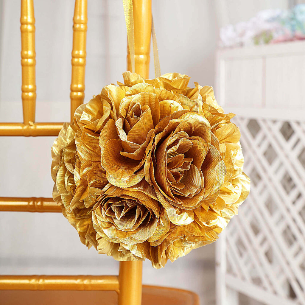 7" Gold Silk Rose Kissing Ball - 2 Pack | TableclothsFactory