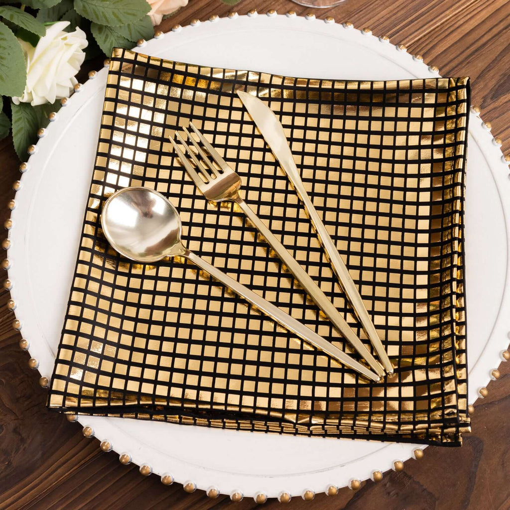 Polyester Napkins 20"x20" Black Gold Foil | TableclothsFactory