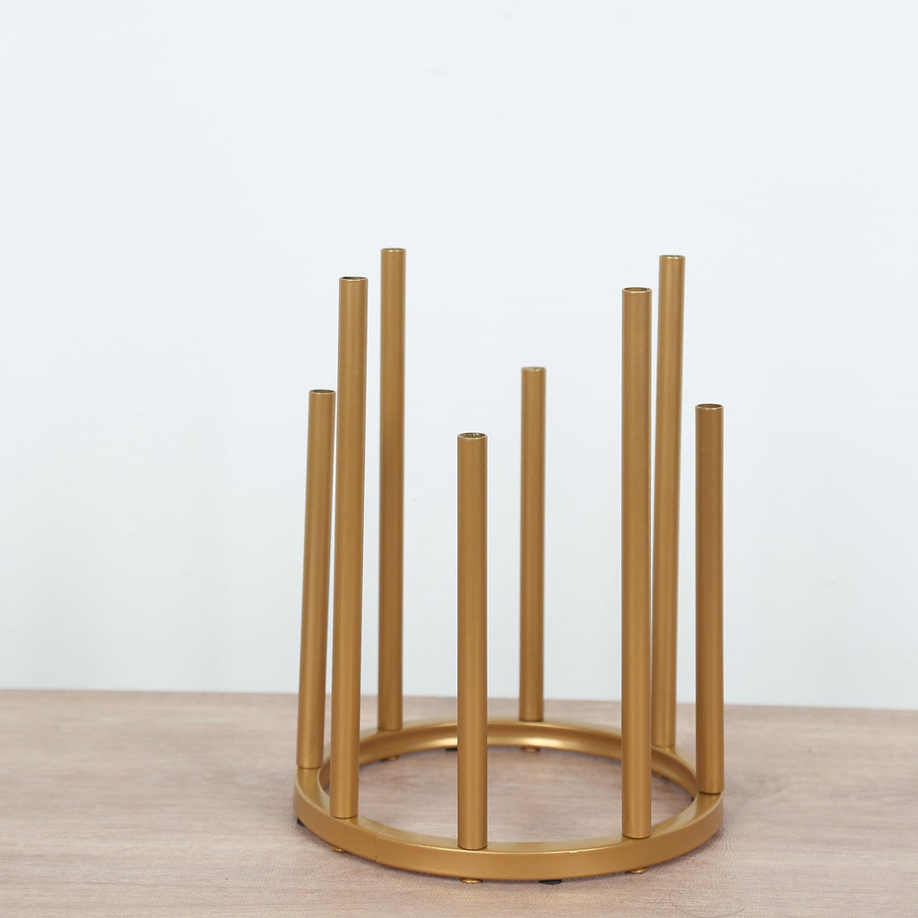 8-Tubes Round Base Metal Vase Gold 10" | TableclothsFactory