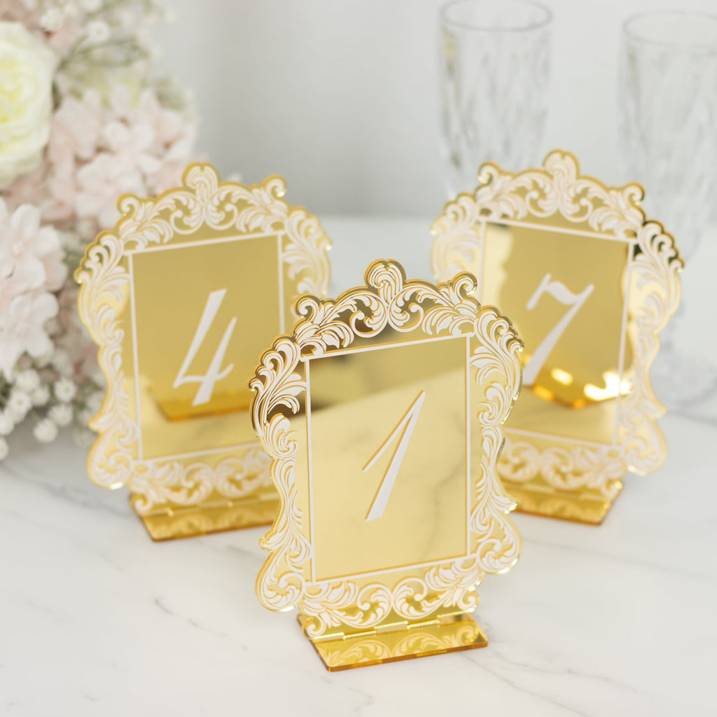 Gold Mirror Arch Table Numbers | TableclothsFactory