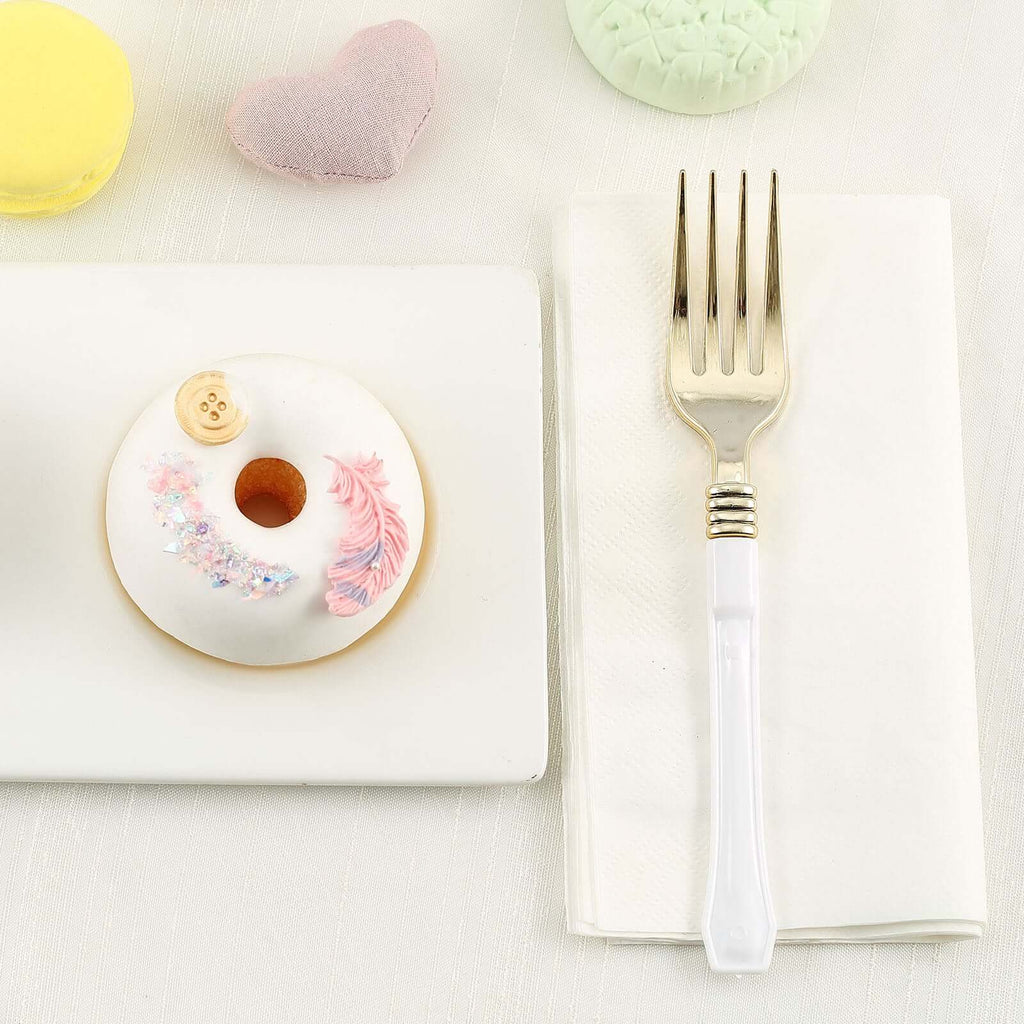 Plastic Forks Gold with White Handles 7" | TableclothsFactory