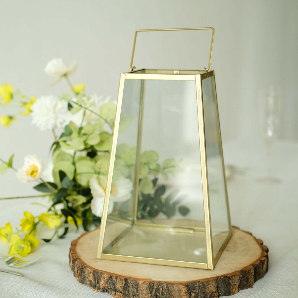 Trapezoid Metal Candle Lantern Gold 10" | TableclothsFactory