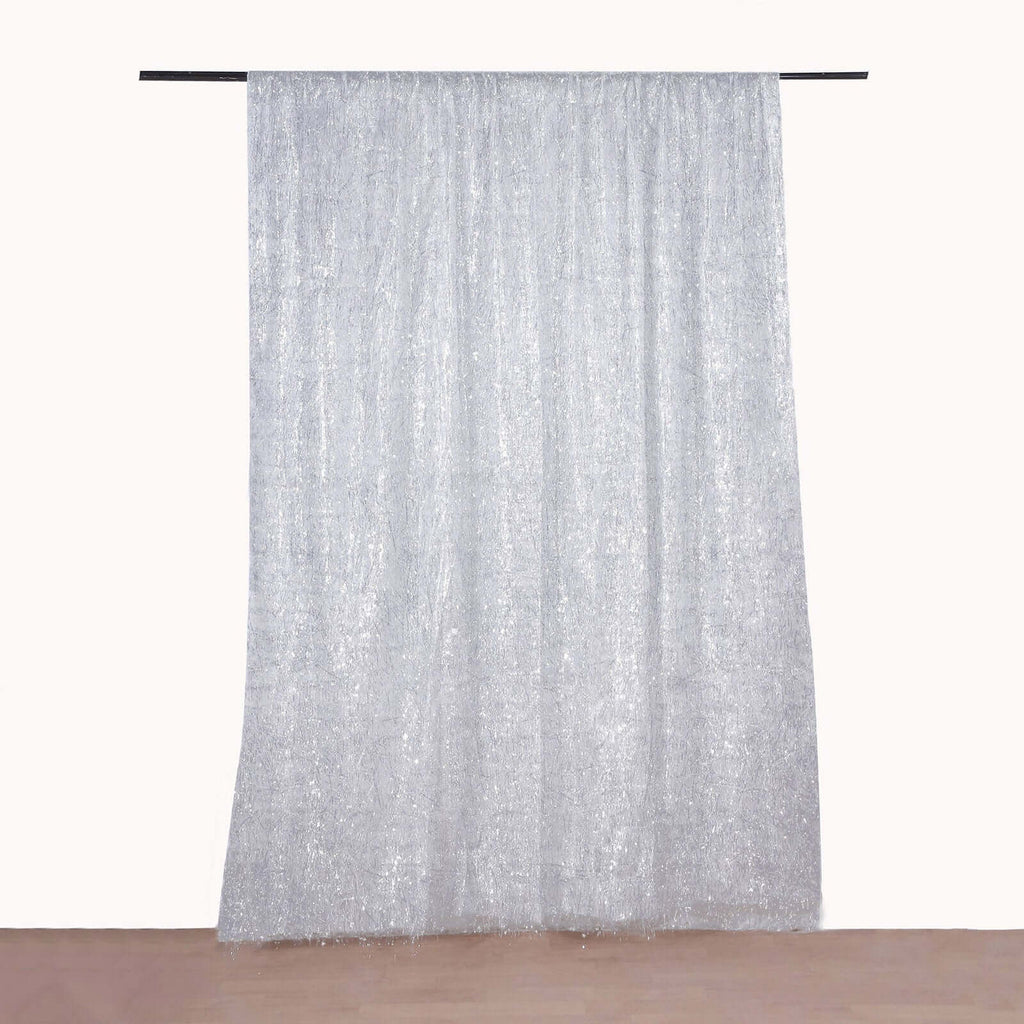 8ft Silver Metallic Fringe Drapery Panel | TableclothsFactory