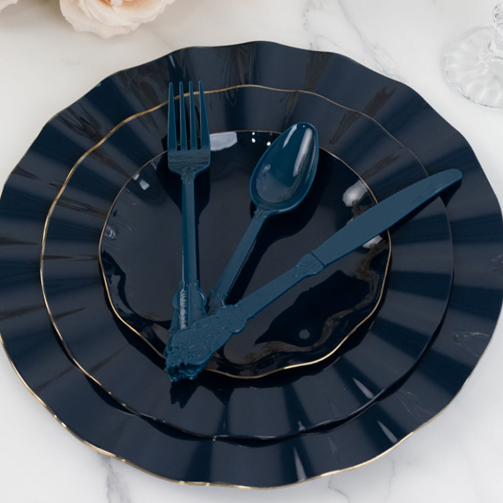 72 Pcs Plastic Silverware Set in Baroque Style Navy Blue - Heavy Duty