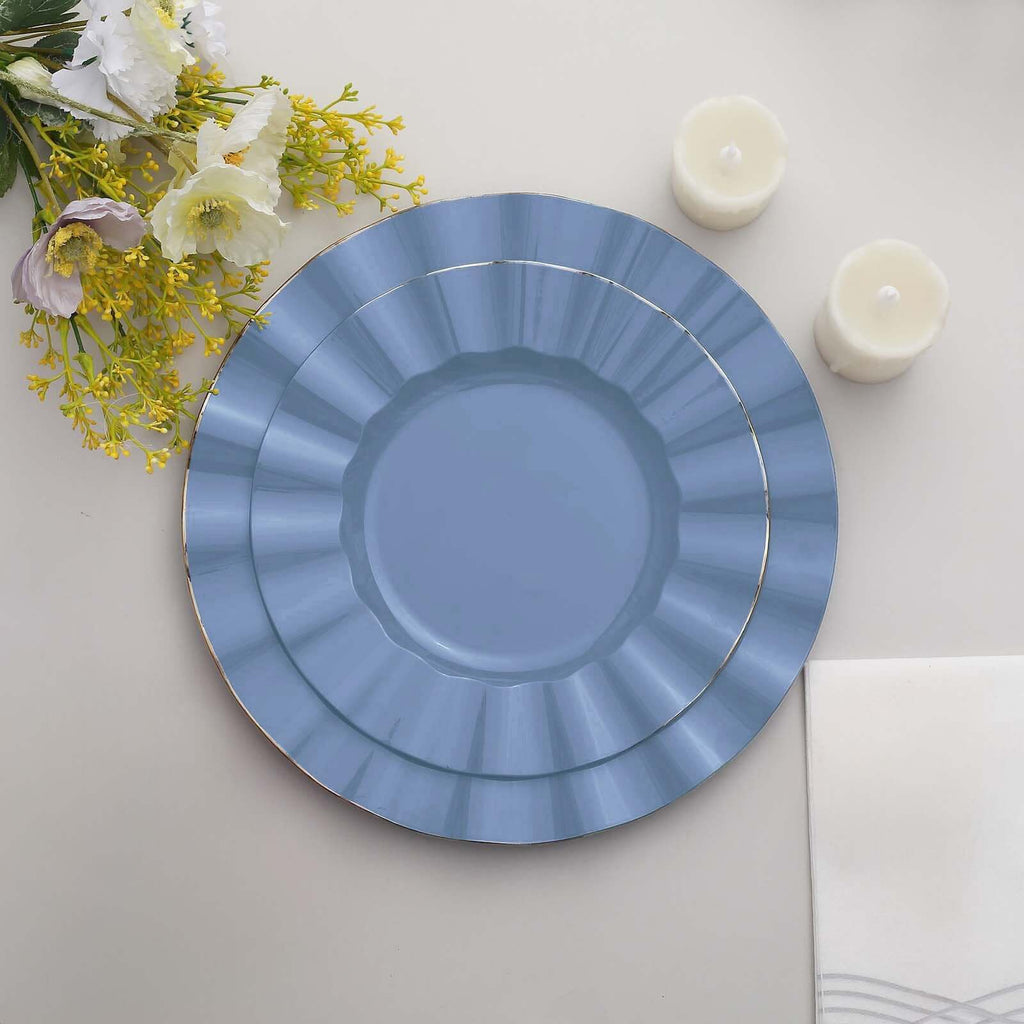Ruffled Rim Plastic 9" Dinner Plates Ocean Blue/Gold | TableclothsFactory