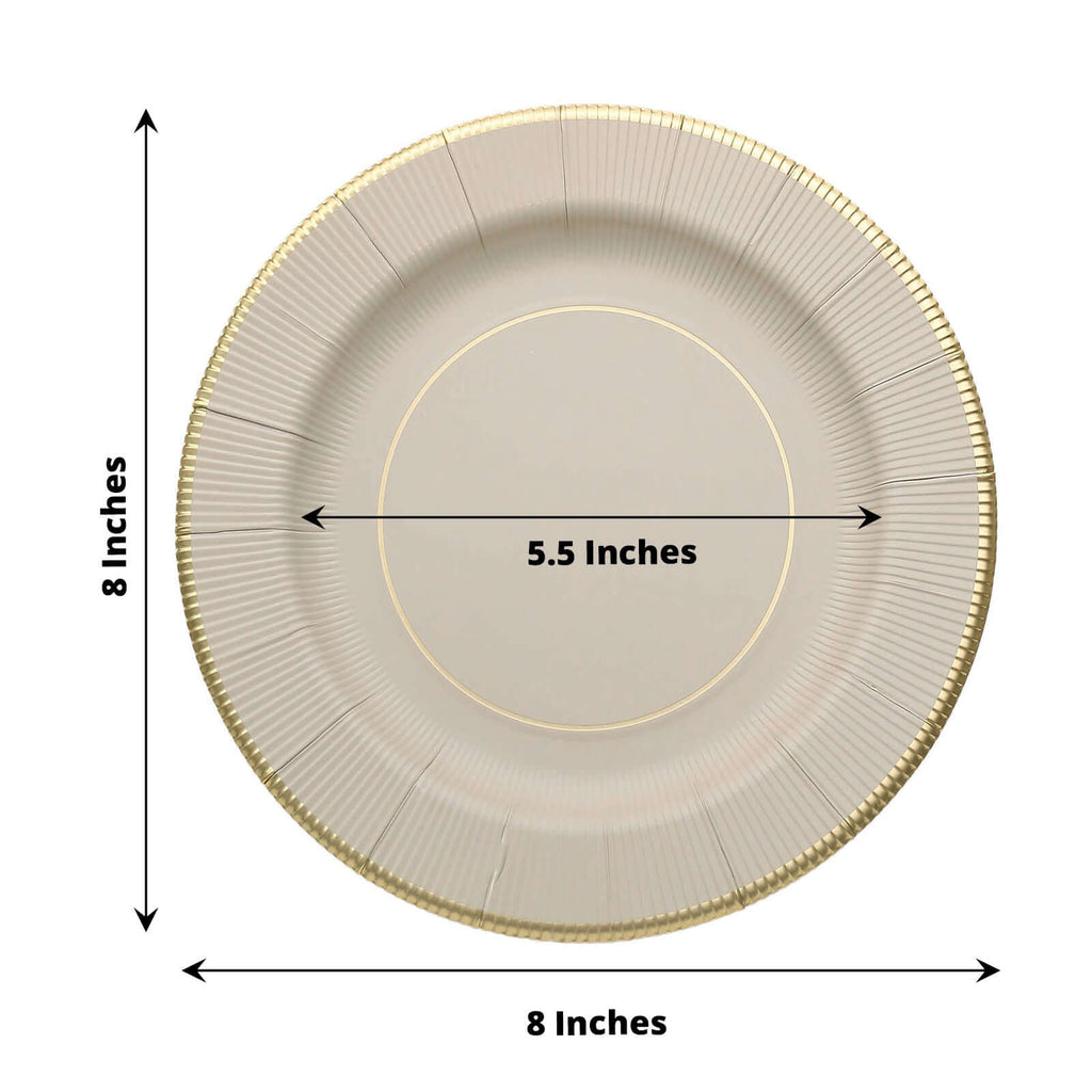 Sunray Paper 8" Salad Plates Taupe/Gold | TableclothsFactory