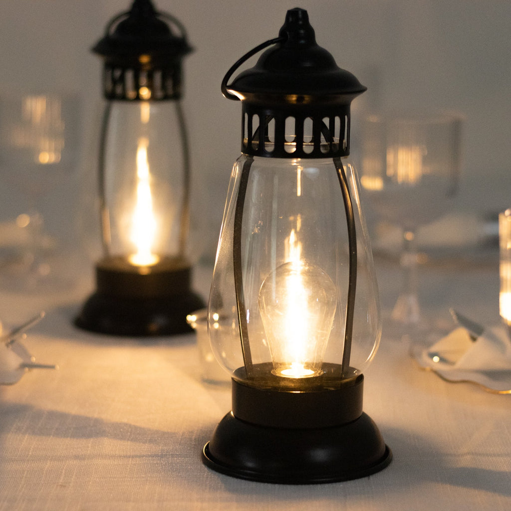 Vintage Black Metal LED Lantern 10" | TableclothsFactory