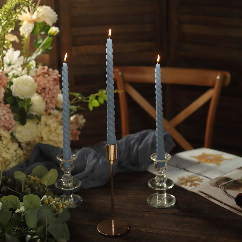 Dusty Blue Spiral Taper Candles 12 Pack | TableclothsFactory