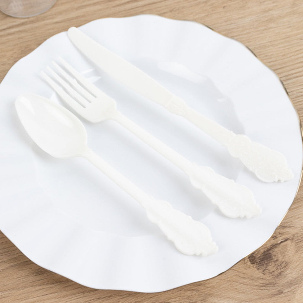 Plastic Silverware Set 72 Pcs Ivory in Baroque Style | TableclothsFactory