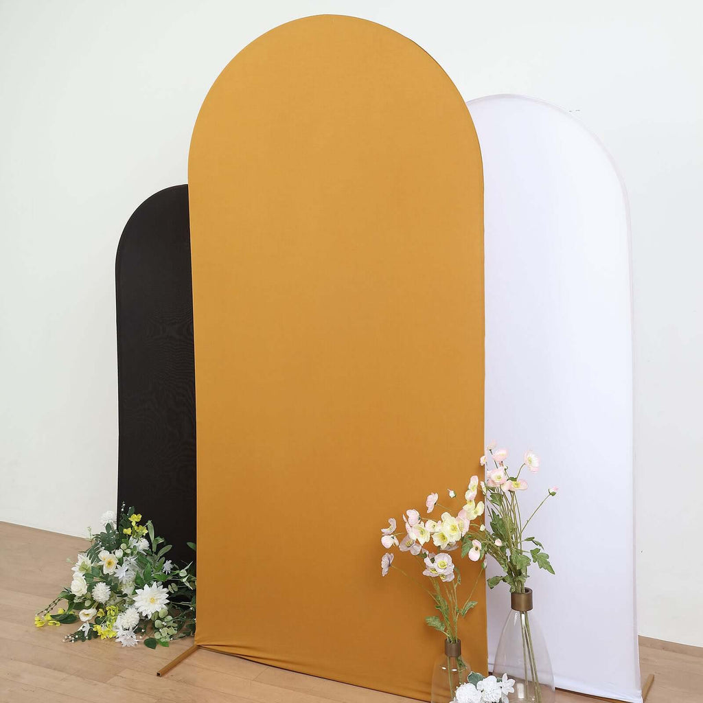 7ft Matte Gold Spandex Fitted Backdrop Cover | TableclothsFactory