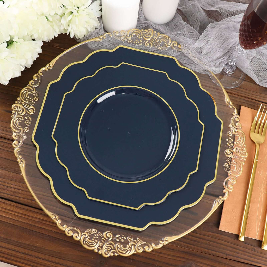 Baroque Plastic 11" Dinner Plates Navy Blue/Gold | TableclothsFactory