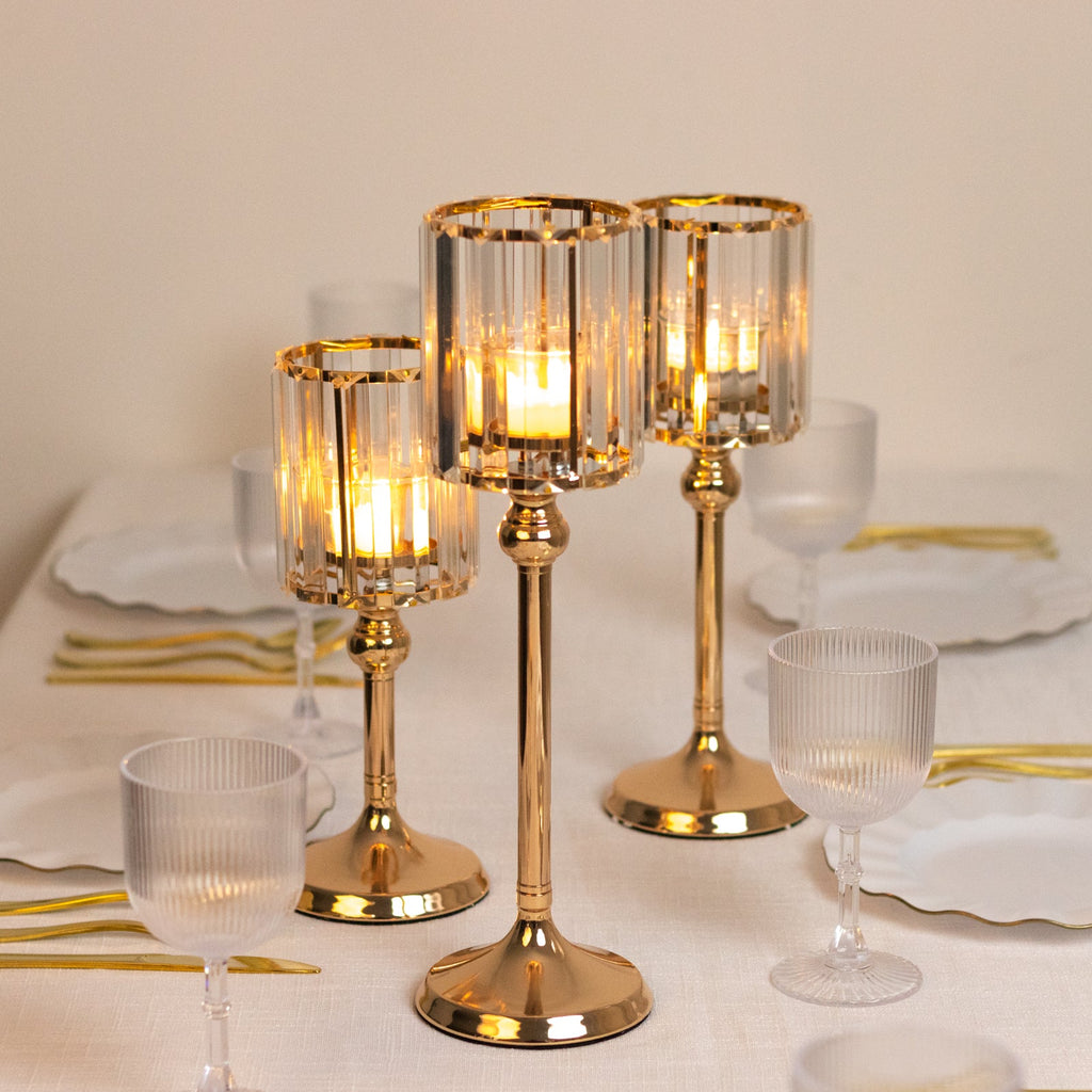 Gold Crystal Hurricane Candle Holders | TableclothsFactory
