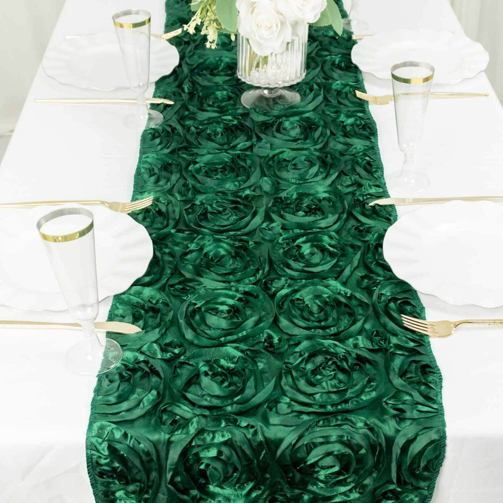 Rosette Satin Runner 14"x108" Emerald Green | TableclothsFactory
