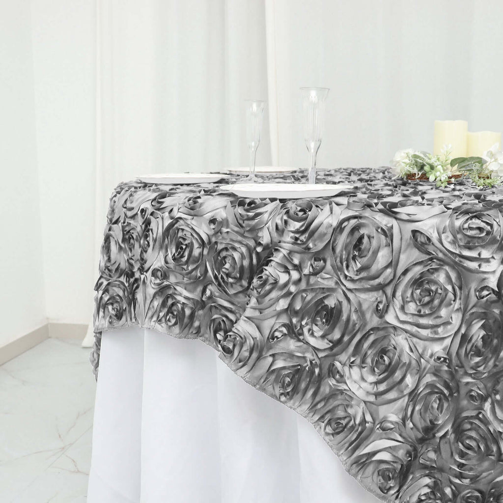 Rosette Satin Table Overlay 72"x72" Silver | TableclothsFactory