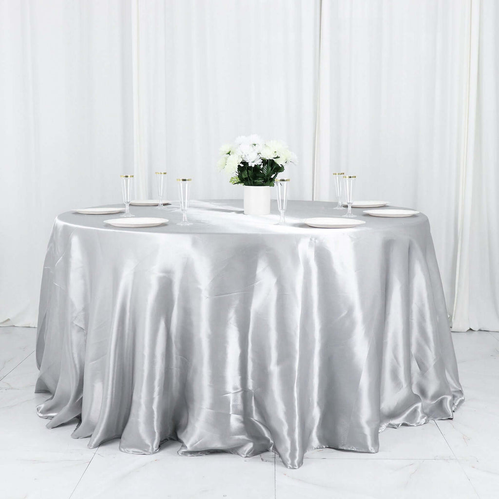 Satin Round Tablecloth 132" Silver | TableclothsFactory