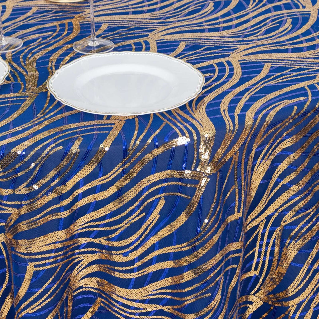 Sequins Tablecloth 120" Royal Blue Gold | TableclothsFactory