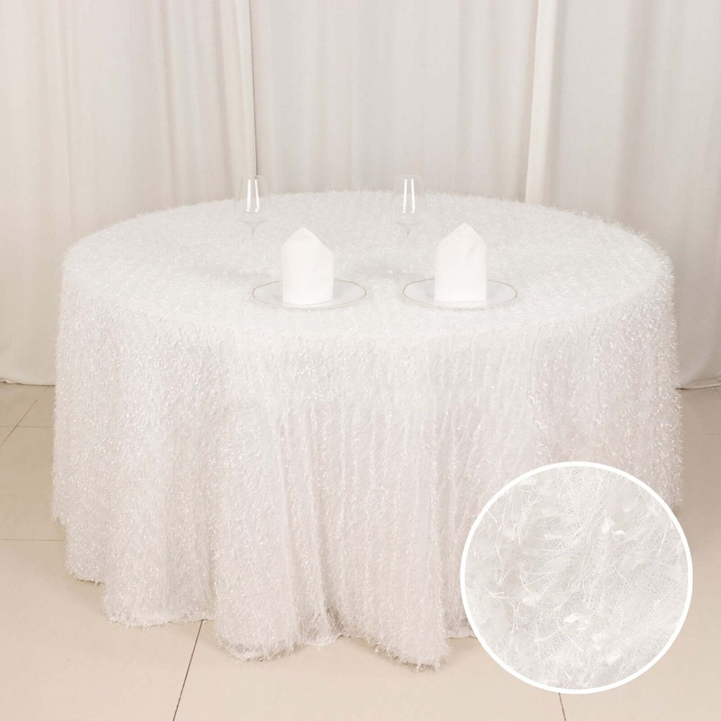 Fringe Shag Polyester Tablecloth 120" White | TableclothsFactory