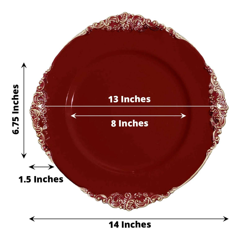 Burgundy Gold Baroque Charger Plates | TableclothsFactory