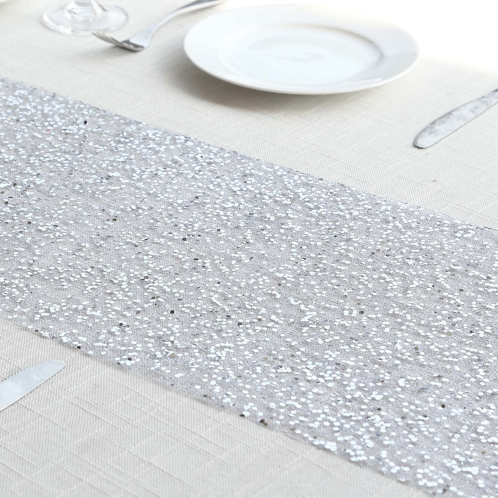 Sequin Mesh Table Runner 11"x108" Silver | TableclothsFactory