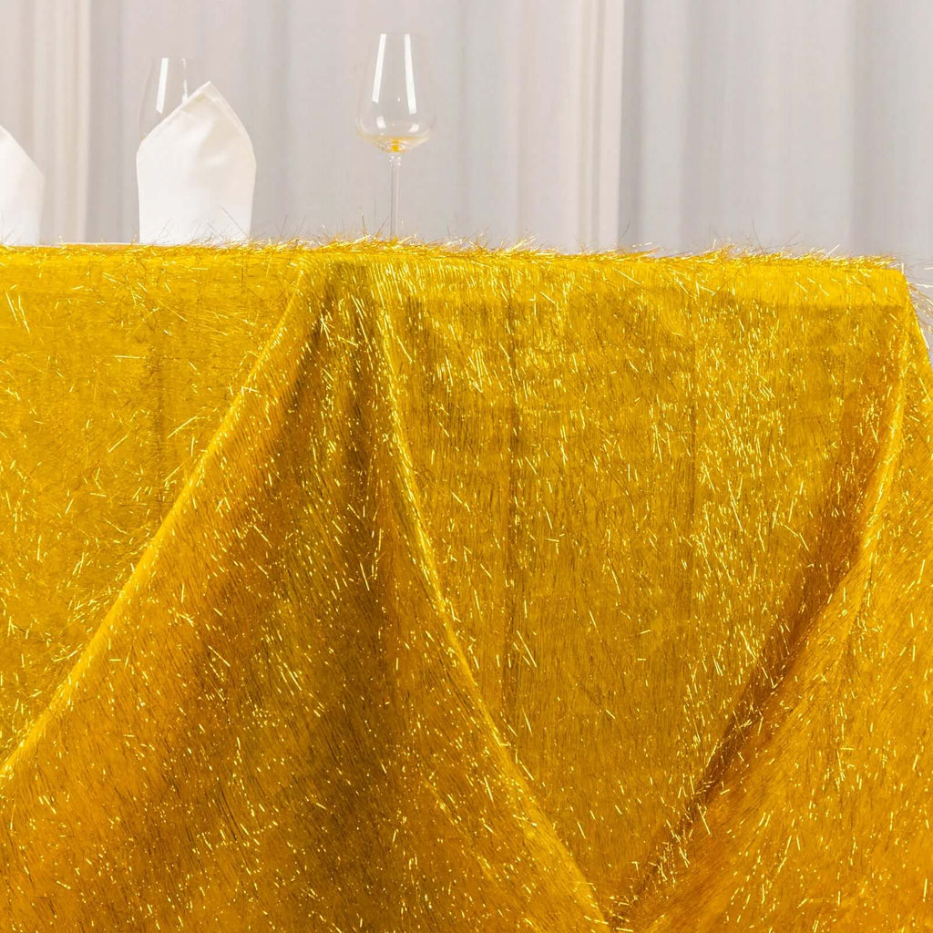 Metallic Fringe Shag Tablecloth 90"x156" Gold | TableclothsFactory