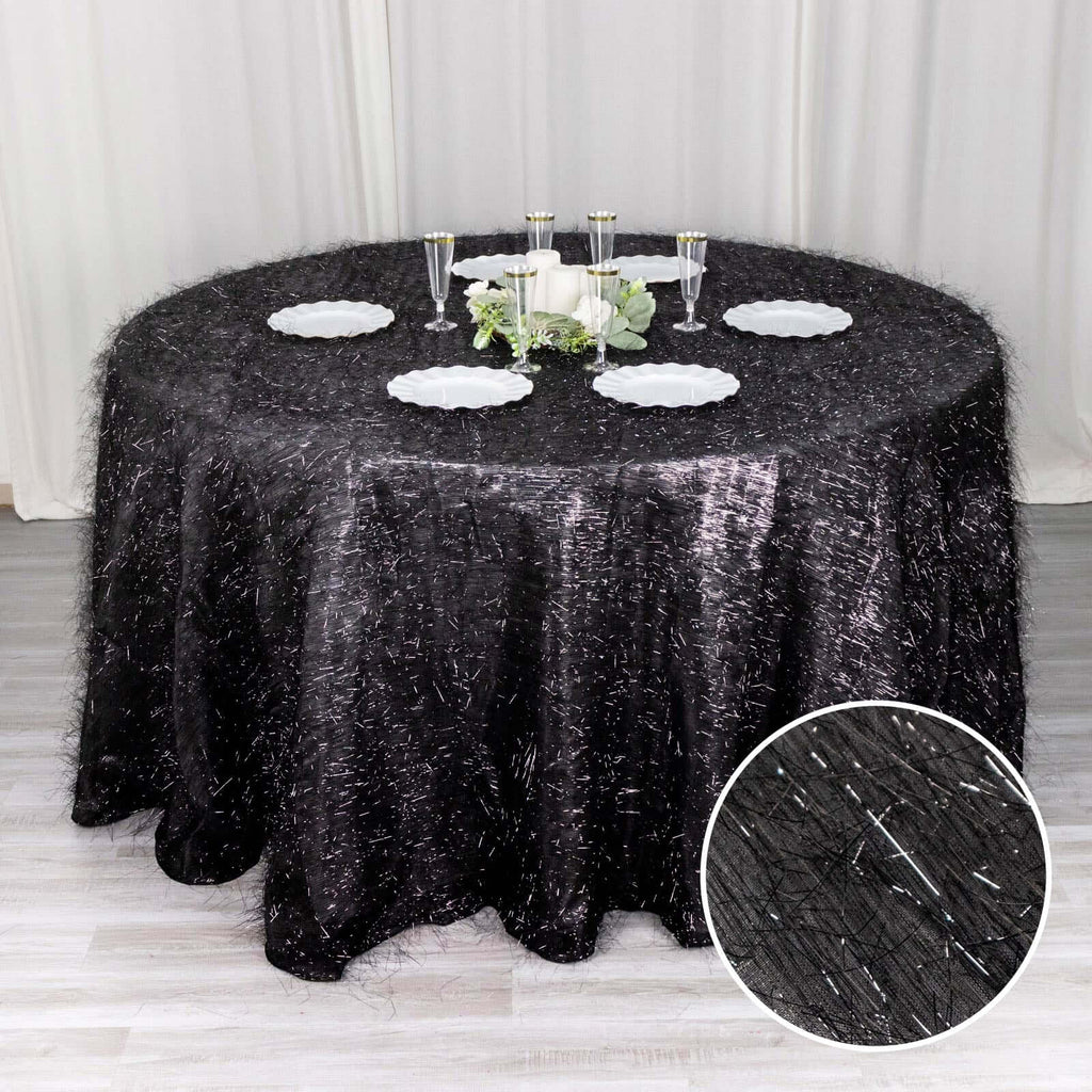 Metallic Fringe Shag Tablecloth 120" Black | TableclothsFactory
