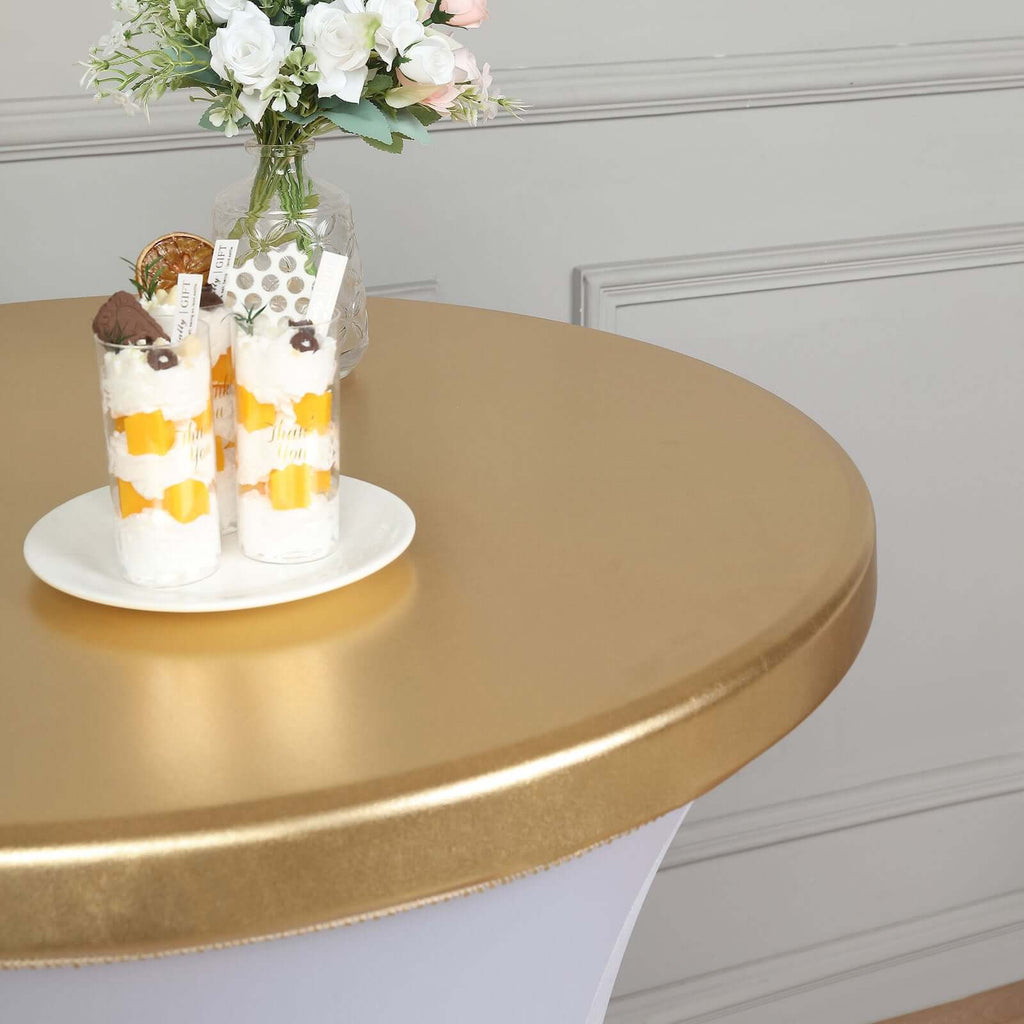 Spandex Cocktail Table Top Cover Metallic Gold | TableclothsFactory