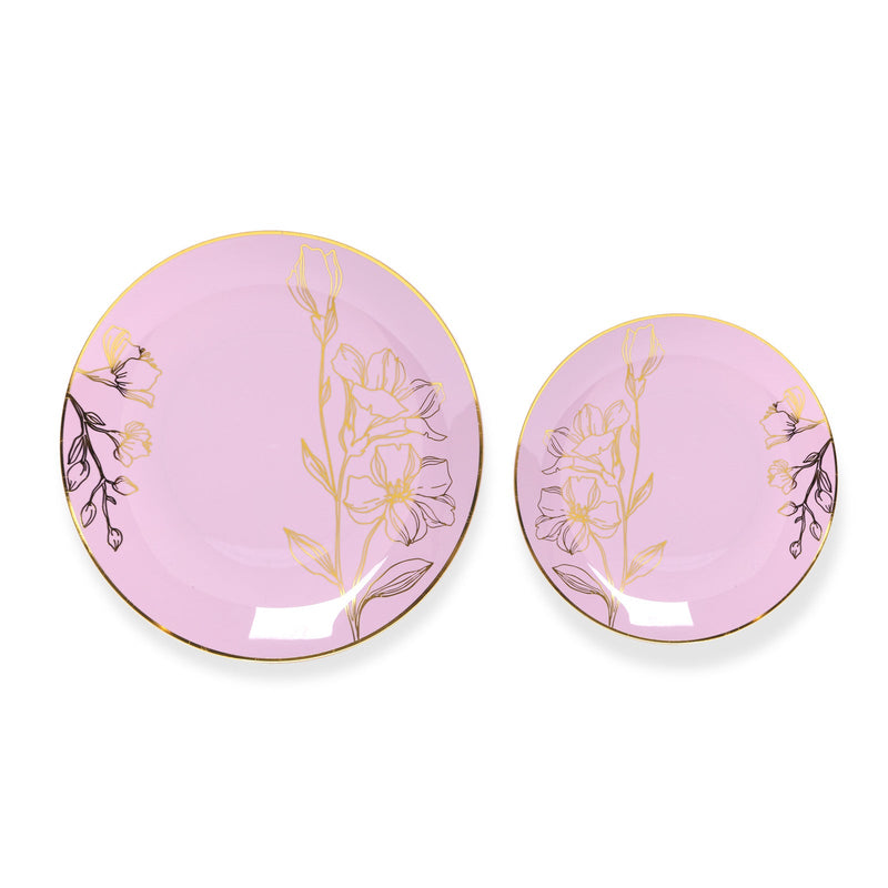 Floral Plastic Round Plates Set Lavender/Gold 8", 10" | TableclothsFactory