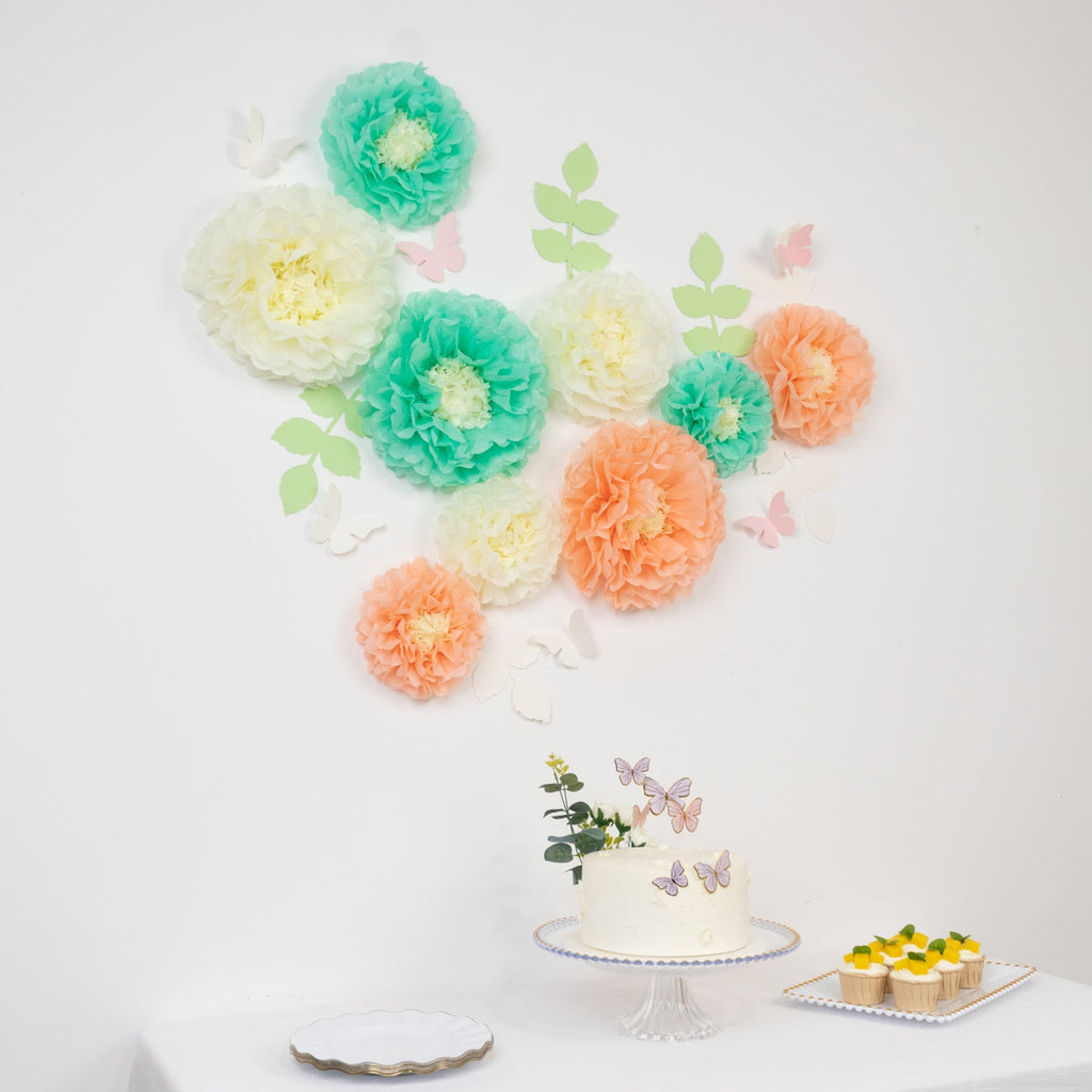 Cream Peach Pom Poms & Butterflies | TableclothsFactory