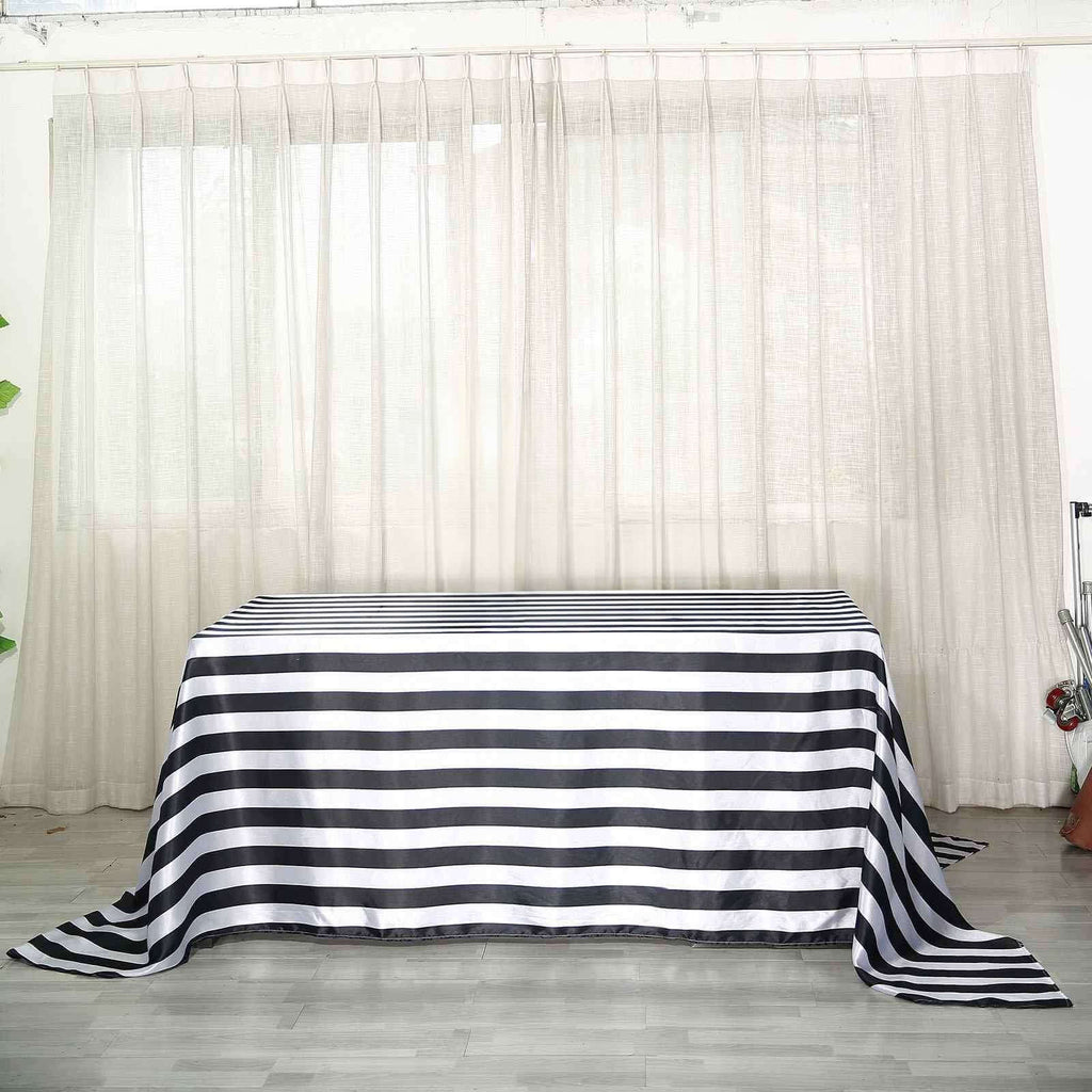 Satin Stripe Tablecloth 90"x156" Black/White | TableclothsFactory