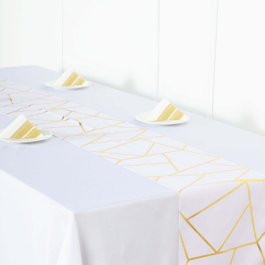 Geometric Polyester Table Runner 9ft White | TableclothsFactory
