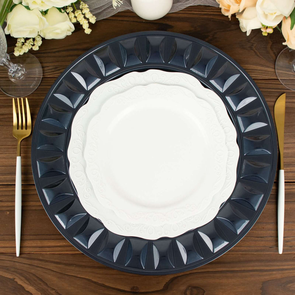 Navy Blue Bejeweled Rim Plastic Charger Plates | TableclothsFactory
