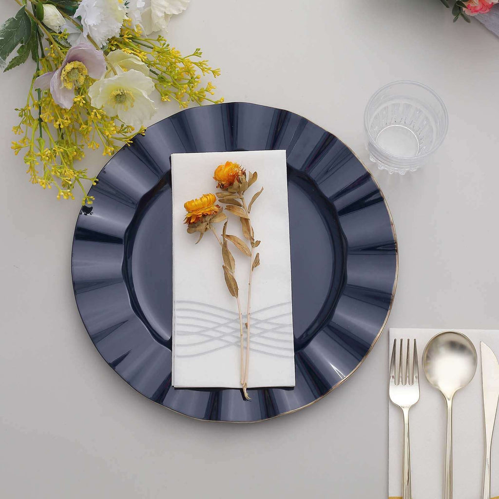 Ruffled Rim Plastic 11" Dinner Plates Navy Blue/Gold | TableclothsFactory